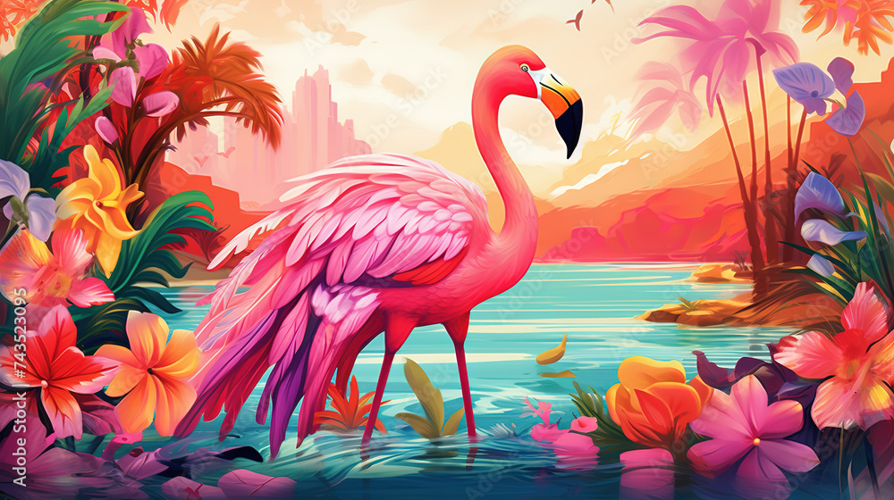 Hawaiian luau scene background featuring flamingo Stock Illustration ...