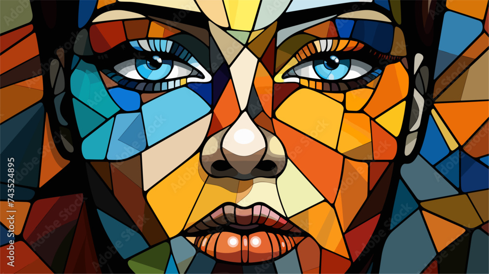 Human face merged with elements of a stained glass window. simple ...