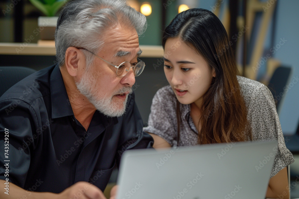 Mature Latin manager mentor talking to young Asian female coworker showing online project ...