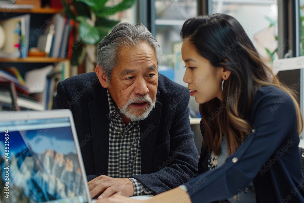 Mature Latin manager mentor talking to young Asian female coworker ...