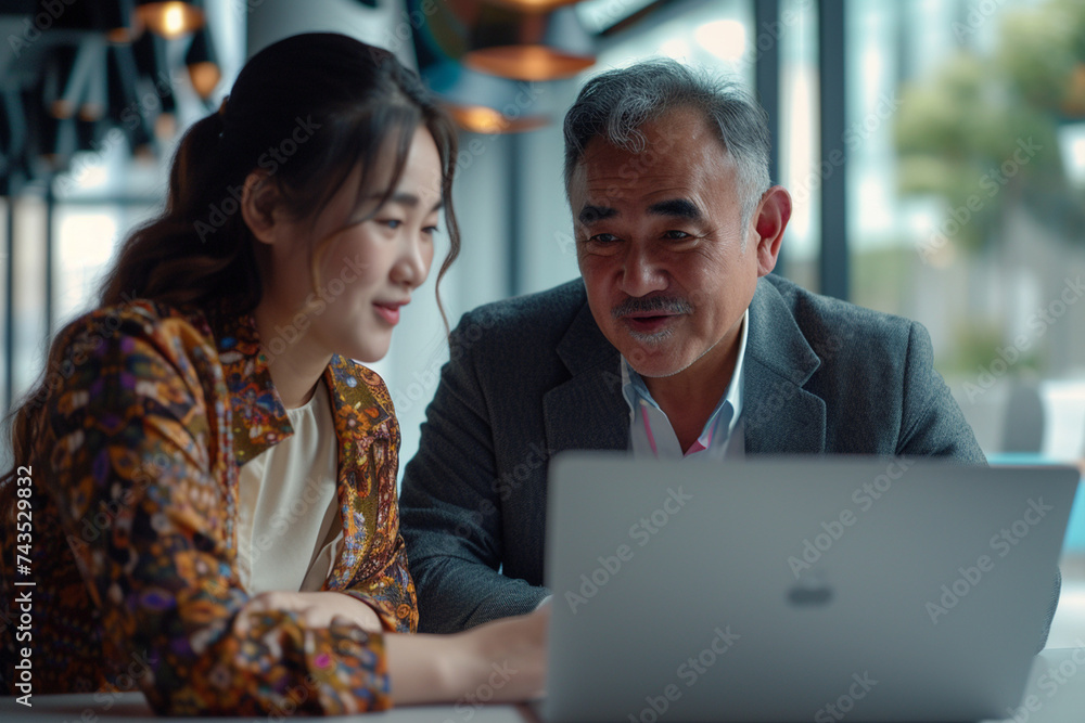 Mature Latin manager mentor talking to young Asian female coworker showing online project ...