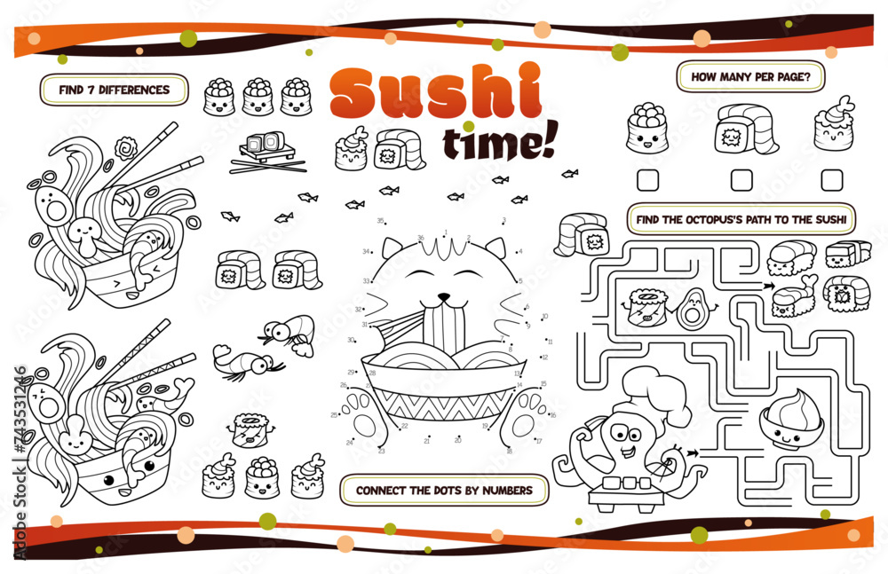 Printable placemat for kids. Activity sheet "Sushi time" with a ...