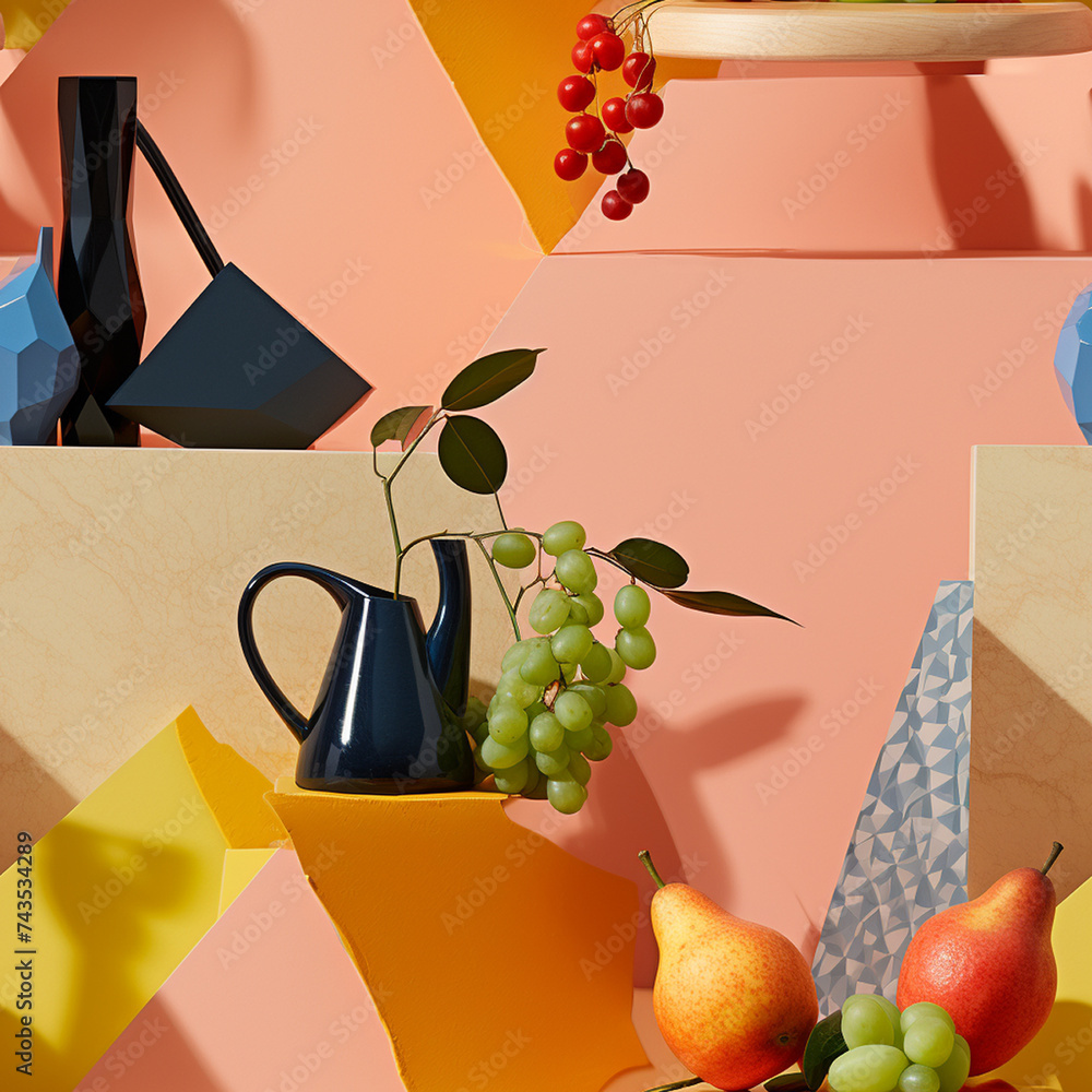 Seamless pattern. A still life featuring fruit and objects arranged ...