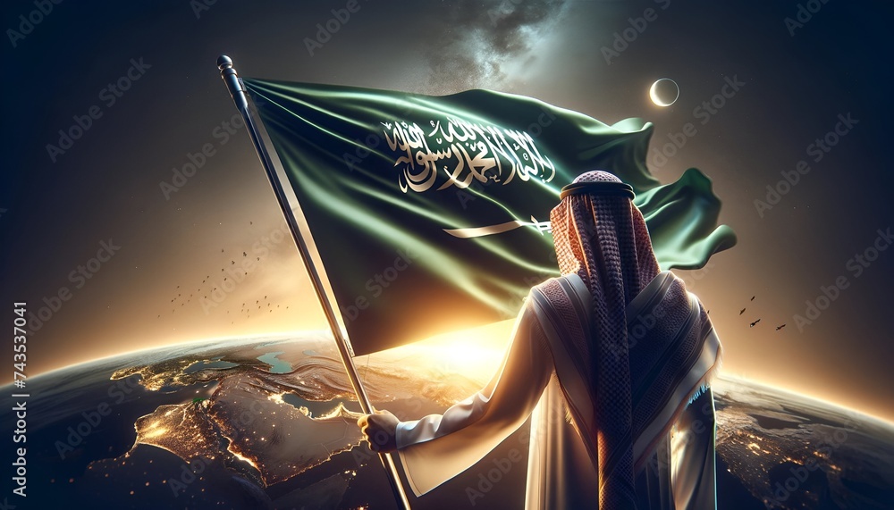 Realistic ilustration of a person in traditional saudi attire holding ...