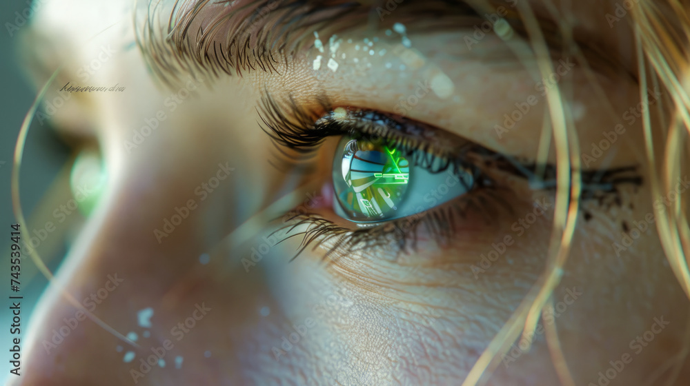 Female eye close up with smart contact lens with digital and bio-metric ...