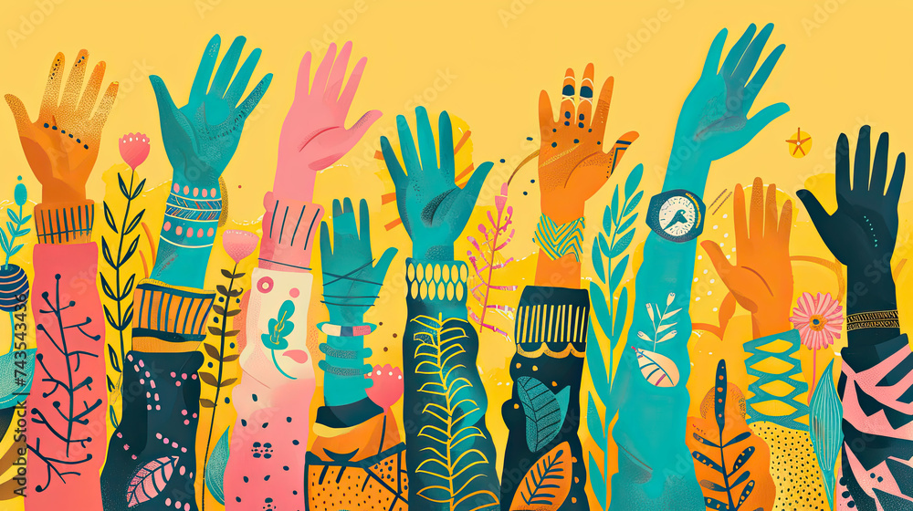 An illustration showcasing a collection of diverse and colorful hands ...