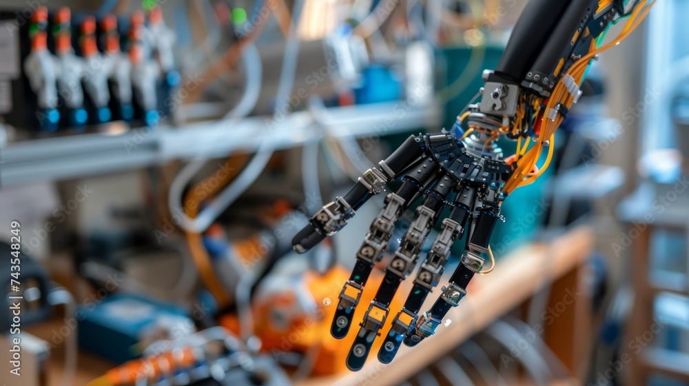 An intimate view of a robotic prosthetic limb with sensors and ...