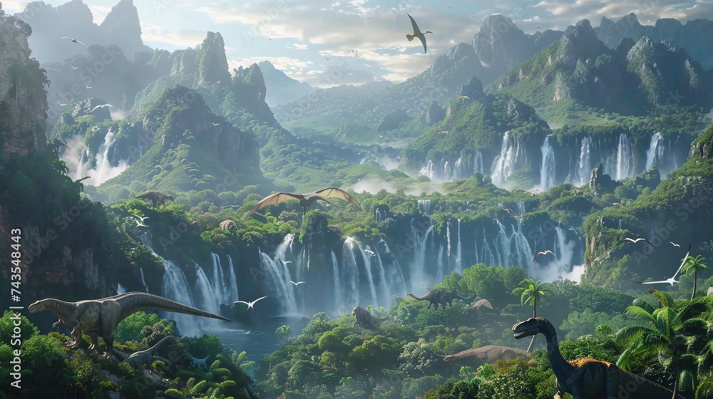 Tranquil prehistoric landscape featuring various dinosaurs roaming and ...