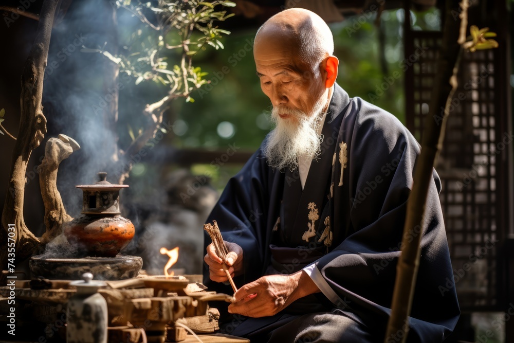 Senior Shinto priest in his 60s conducting a purification ceremony at a ...