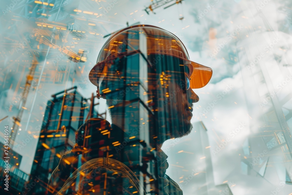 double exposure image of the engineer standing back during sunrise ...