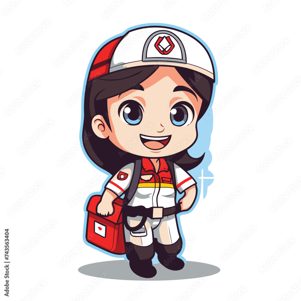 Cute firefighter girl character with first aid kit cartoon vector ...