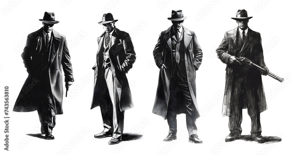 Set of four gangster drawings. Mafia members from the 30s. Black and ...