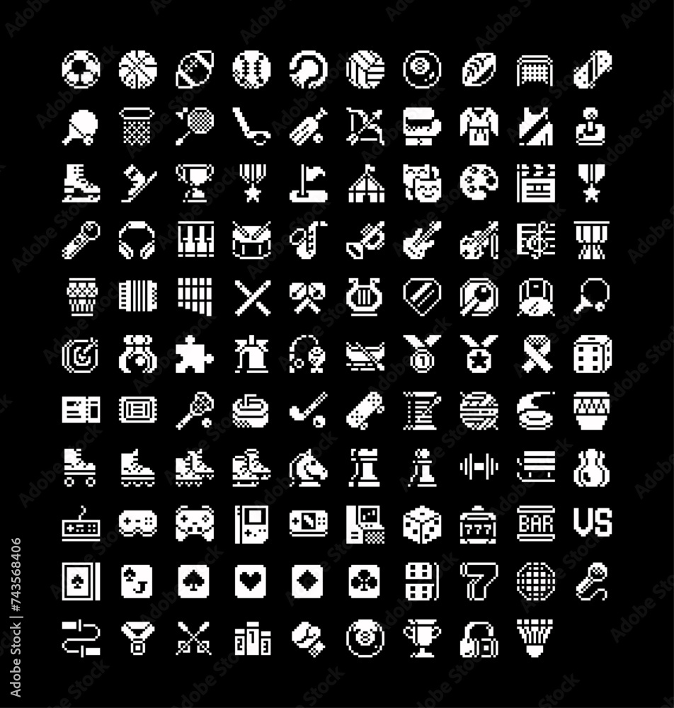 Infographic 1-bit pixel art icons set for app. Sport, game, musical ...