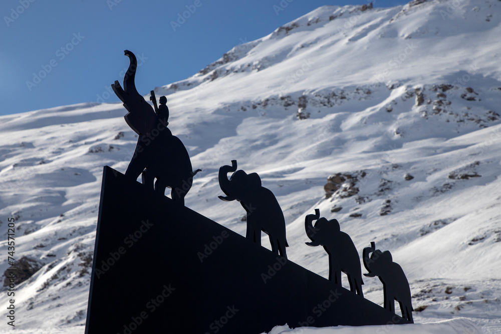 Mont-Cenis, France - A monument representing a column of elephants set ...