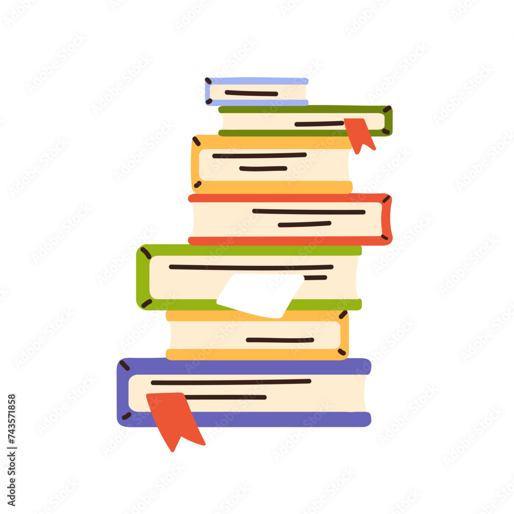 Book stack. Textbooks with bookmarks. Paper literature pile for ...