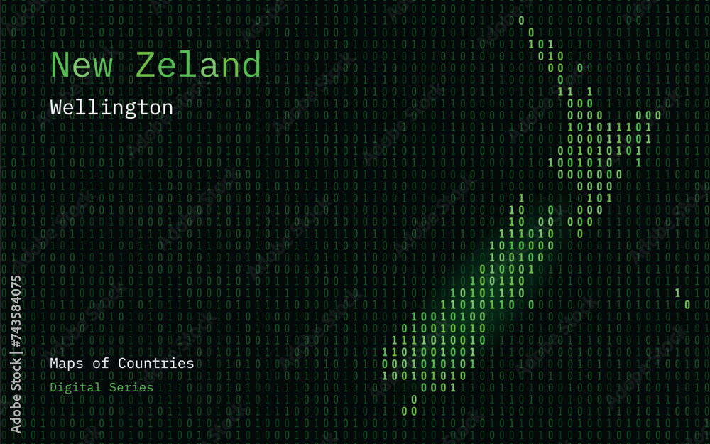 New Zeland Map Shown in Binary Code Pattern. Matrix numbers, zero, one ...