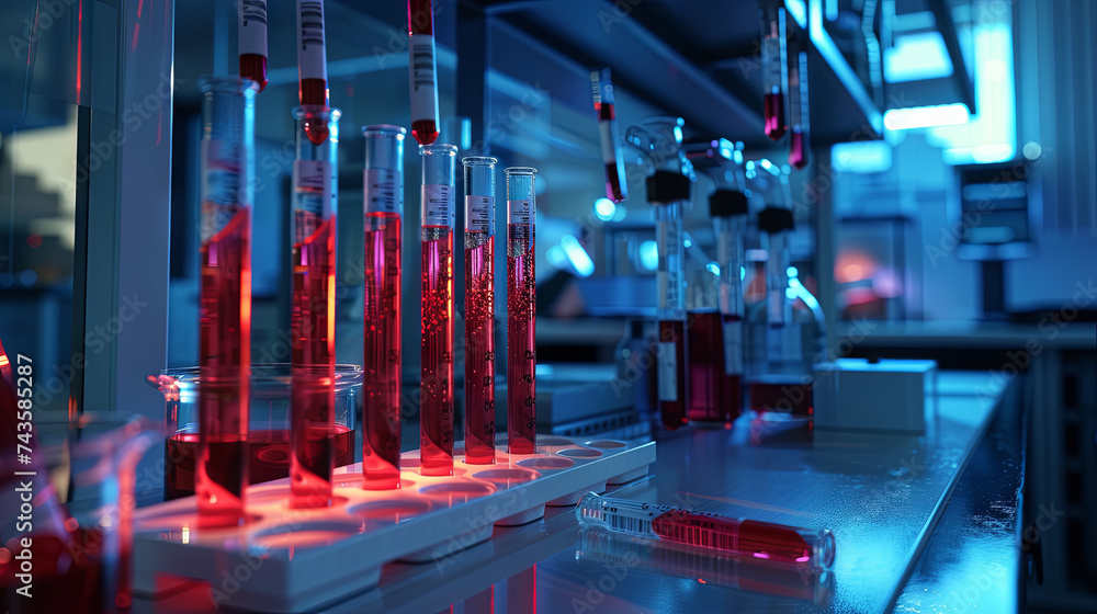 Examination of blood in test tubes in the laboratory under a microscope ...