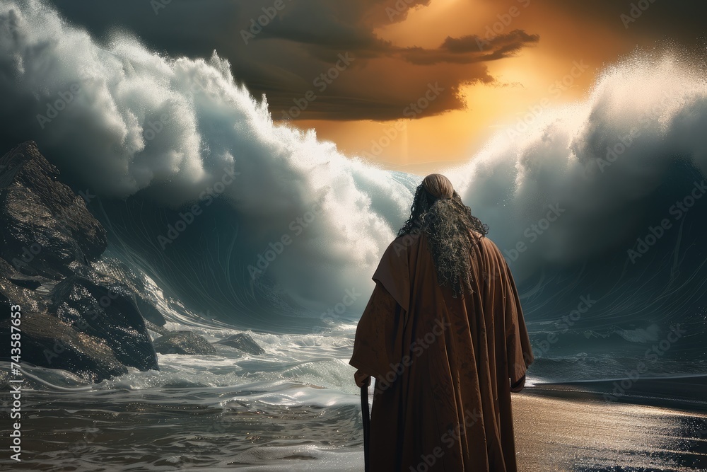 Biblical miracle: back view of moses dividing the sea with his stick ...