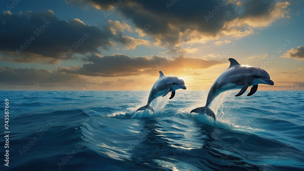 beautiful dolphin leaping jumping from shining sunset sea water surface ...