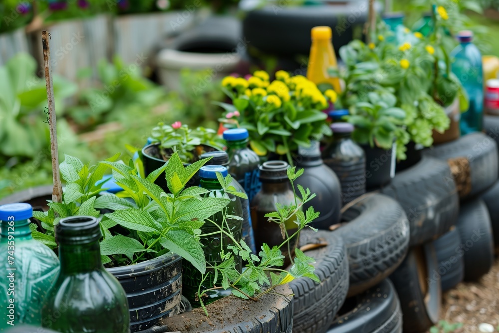 Recycled Items as Planters in Community Garden. A community garden ...