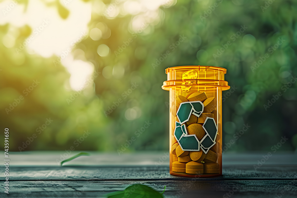 An eco-friendly medical pill bottle featuring a prominent recycling ...