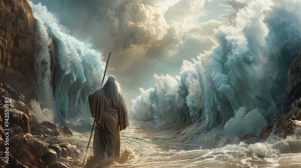 Biblical miracle: back view of moses dividing the sea with his stick ...