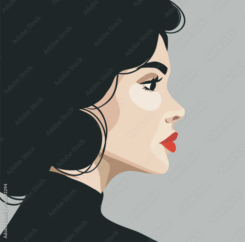 Vector flat portrait banner, poster with female face pose sideways in ...