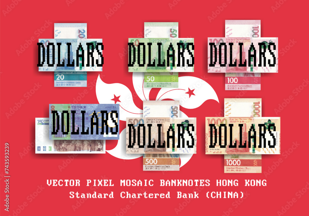 Vector set of pixel mosaic banknotes of Hong Kong Standard Chartered ...