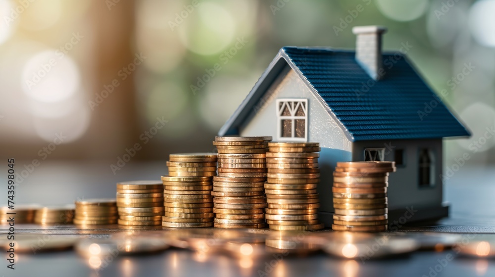 Pile coins to represent rising graph trend and interest rates with ...