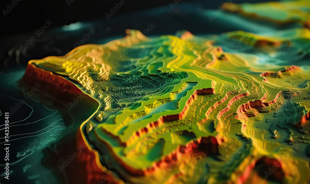 Close-up of 3D LiDAR GIS map, scan, modelling the surface of a landscape with mountains, hills ...
