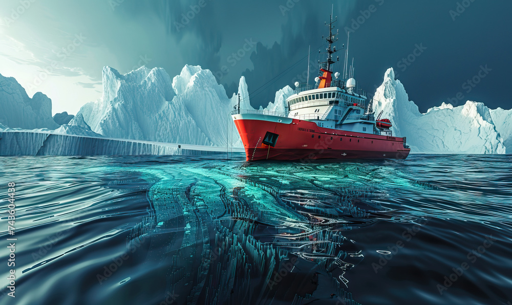 Red polar exploratory ship conducting bathymetry and generating seabed ... Red polar exploratory ship conducting bathymetry and generating seabed ...