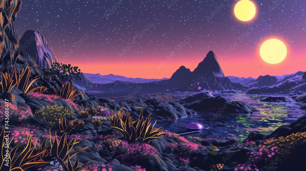 In an otherworldly landscape, twin suns set against a starry sky ...