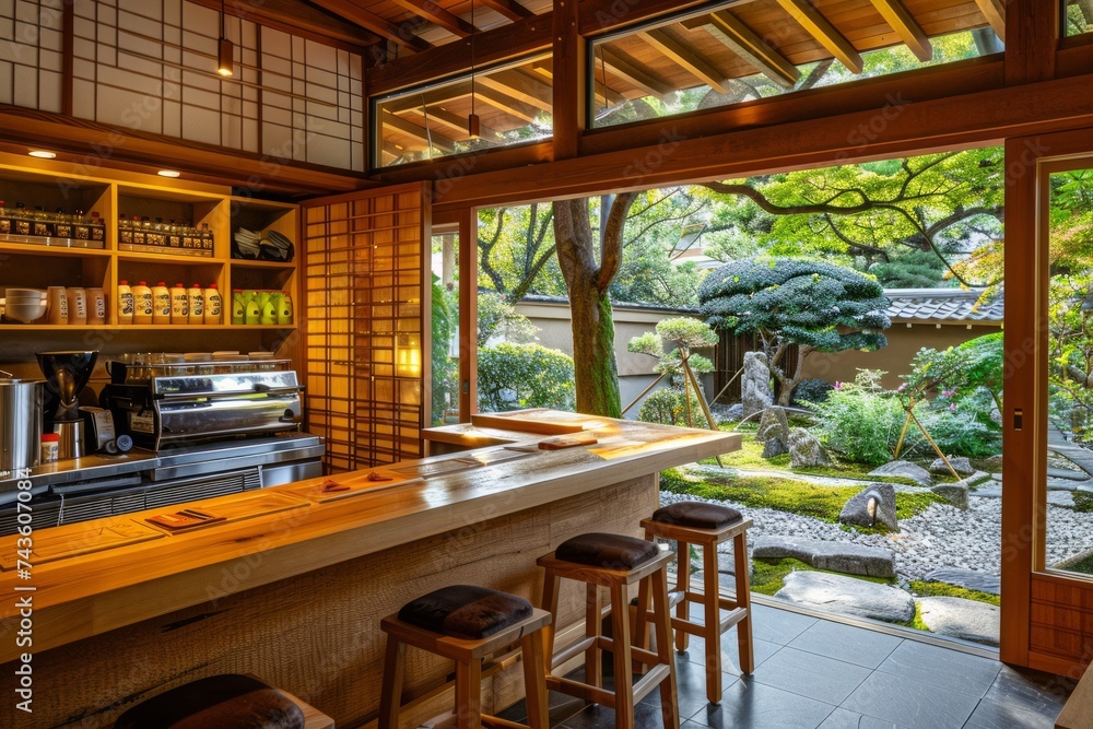 A traditional Japanese sushi bar interior, with warm lighting and a ...