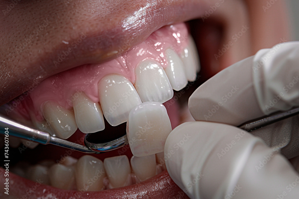 The dentist uses a tooth color sample from the palette. Choosing the ...