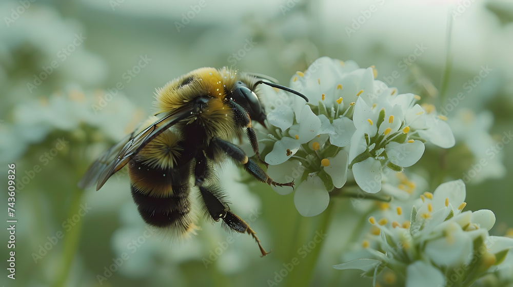 A bee pollinating a flower, with pollen dusted wings as the background ...