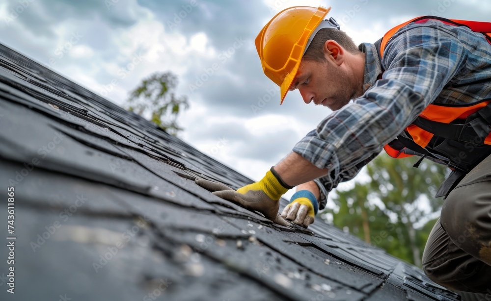 Skilled roofer inspecting shingles for repair or replacement, essential ...