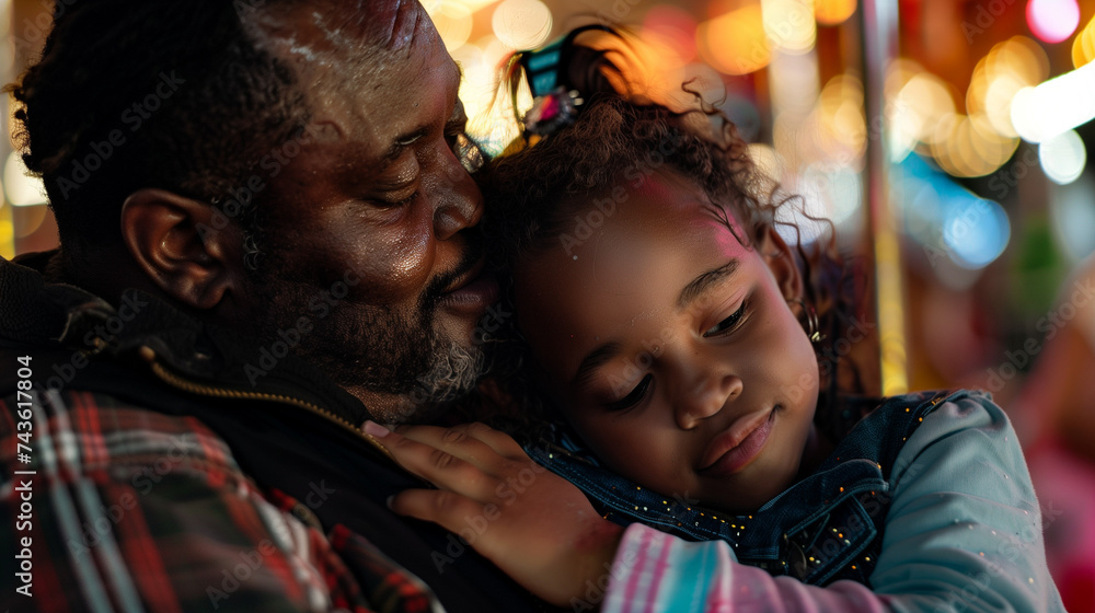Candid Black Father And Daughter Hugging At A Theme Park Day Out