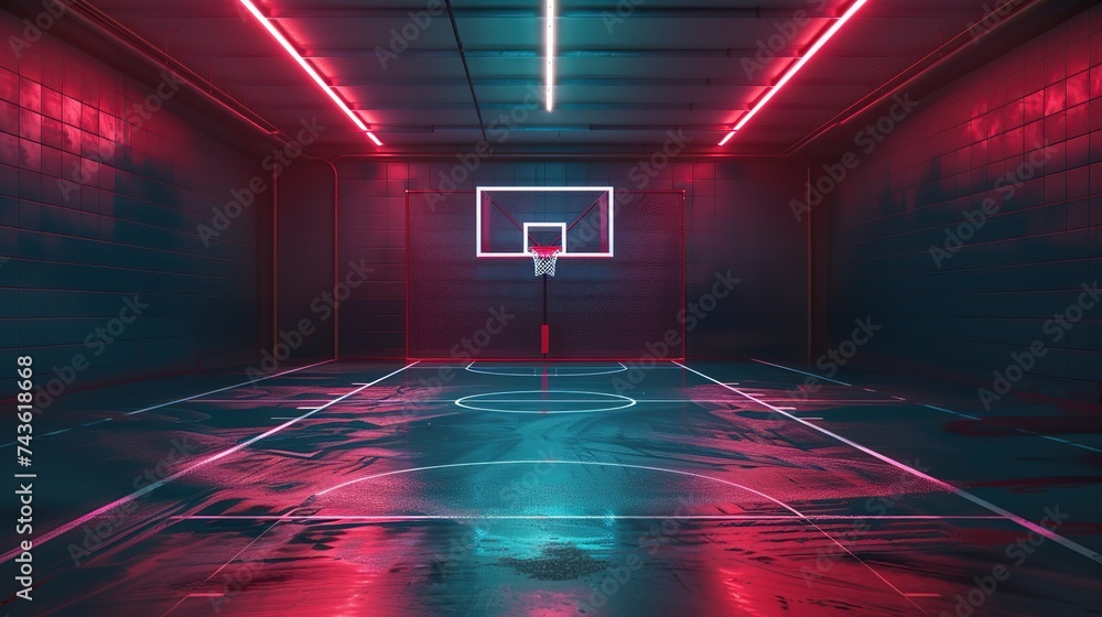 basketball court in a dark room with neon lights, synthwave style Stock ...