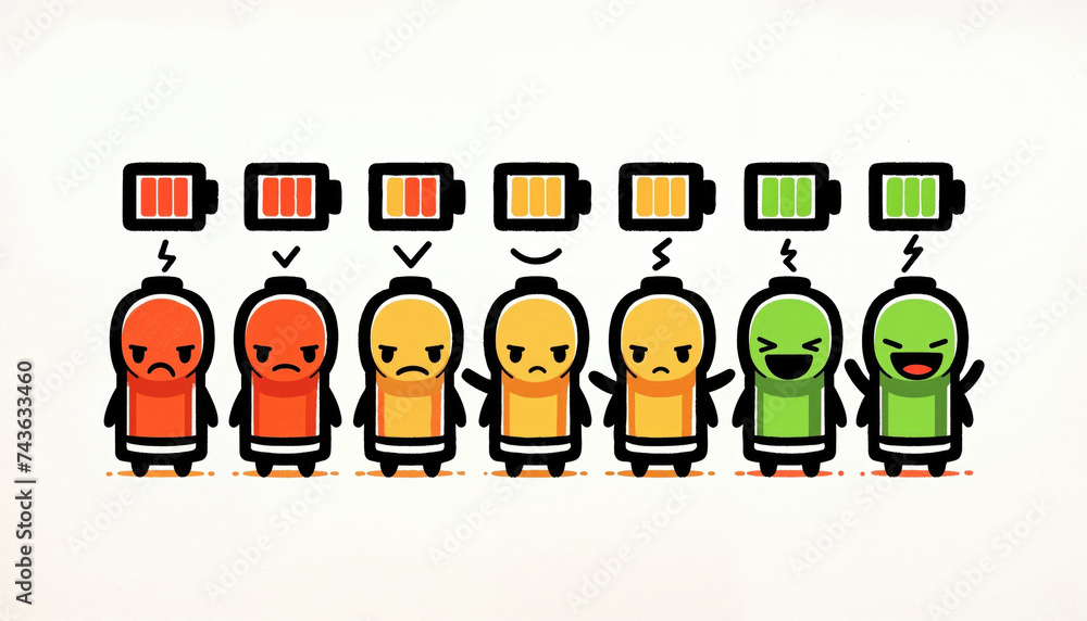 A series of cartoon figures with overhead battery icons showing various ...