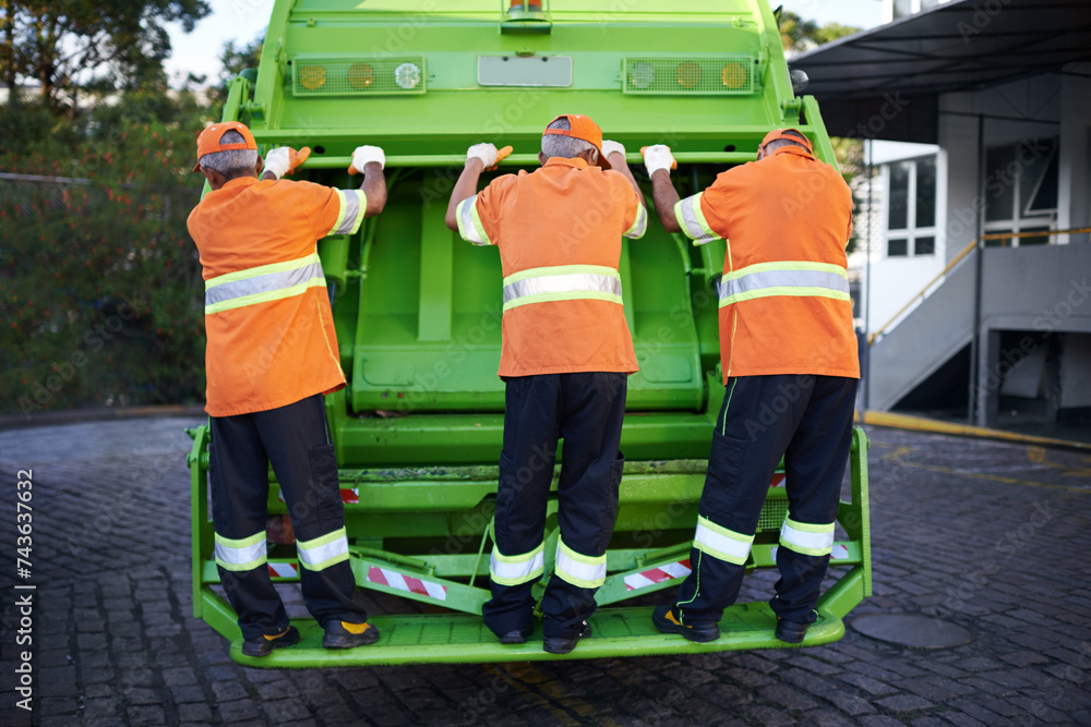 Men, garbage truck and waste collection service for city pollution for ...