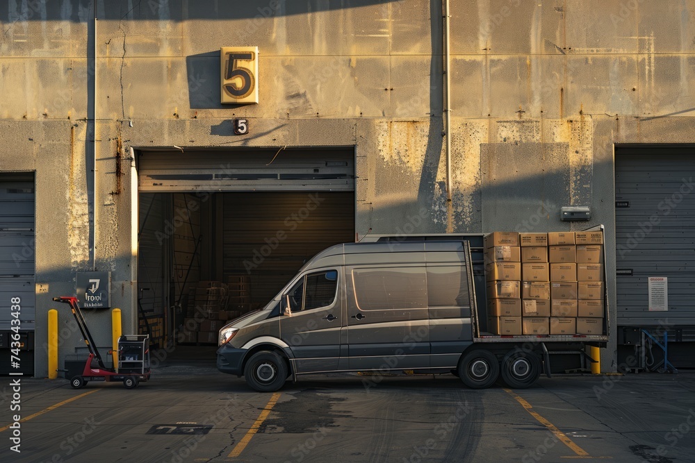 Delivery van parked at a loading dock with packages ready for transport ...