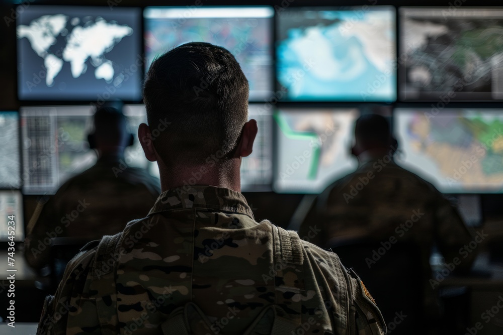 Military personnel monitoring operations in a high tech command center ...