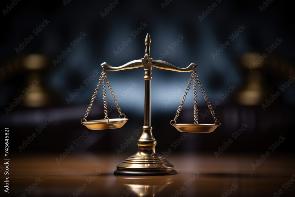 Classic golden scales of justice backlit with a dramatic courtroom ...