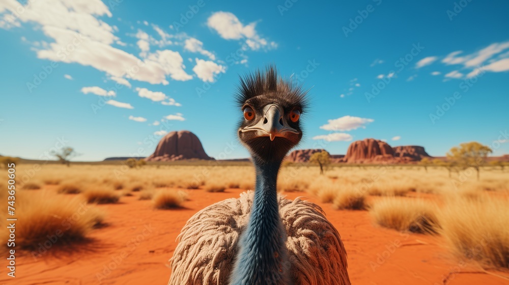 In the vast, sun-kissed Australian outback, a majestic emu stands tall ...