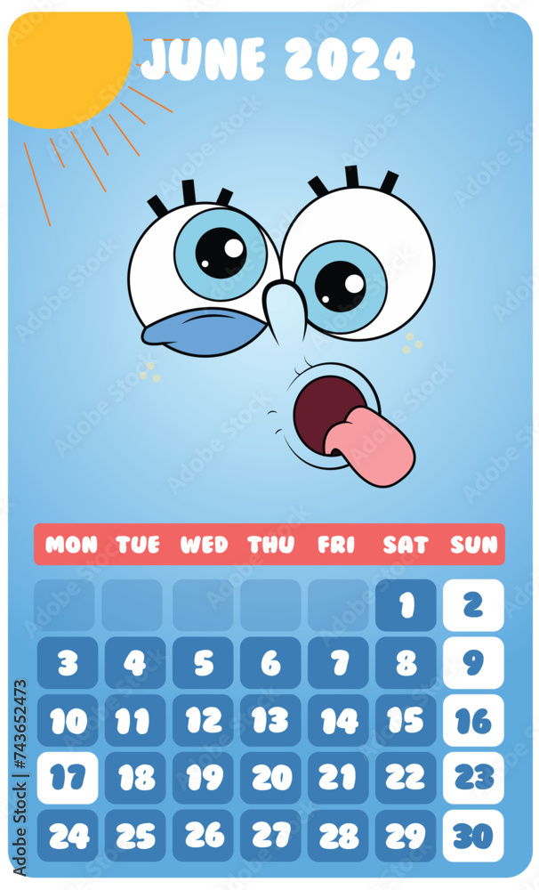 Vector illustration june Cartoon theme Calendar 2024 Editable Template ...