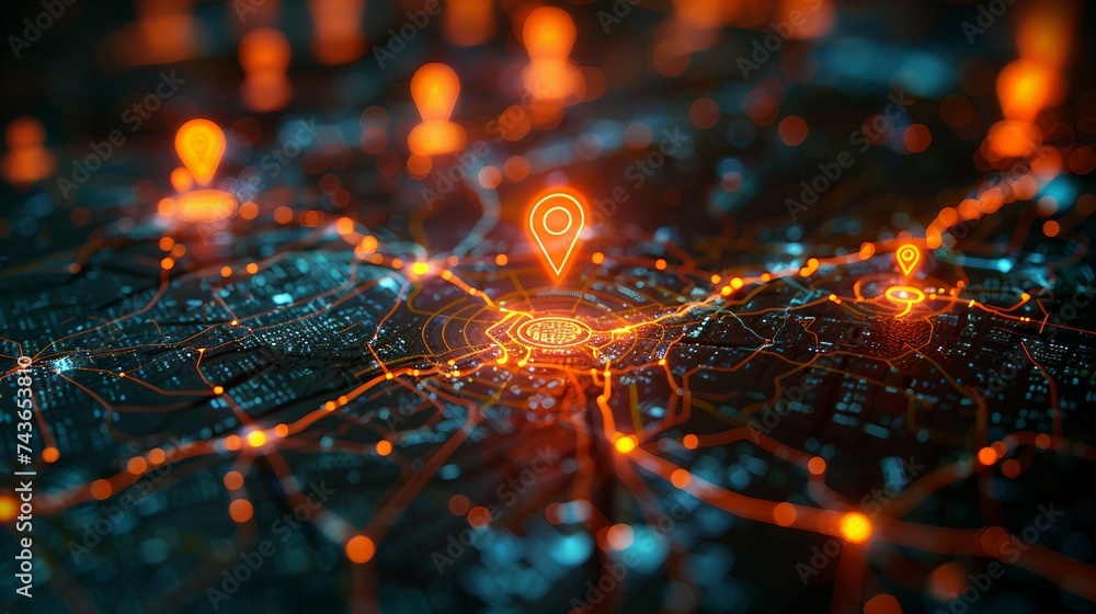 Dynamic Geospatial Map with Location Intelligence. Glowing Neon Map Pin ...