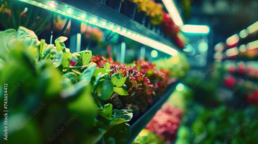 Indoor vertical farm growing crops under LED lights, exemplifying ...