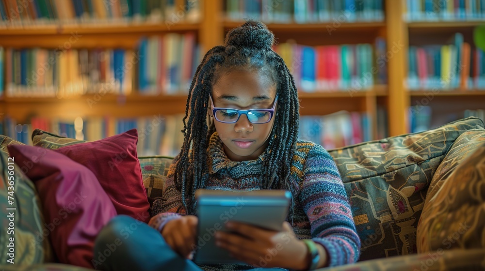 Well-stocked school library scene with a student researching using ...