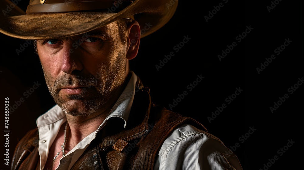 Rugged cowboy portrait in shadow, western style and stare, aesthetic ...