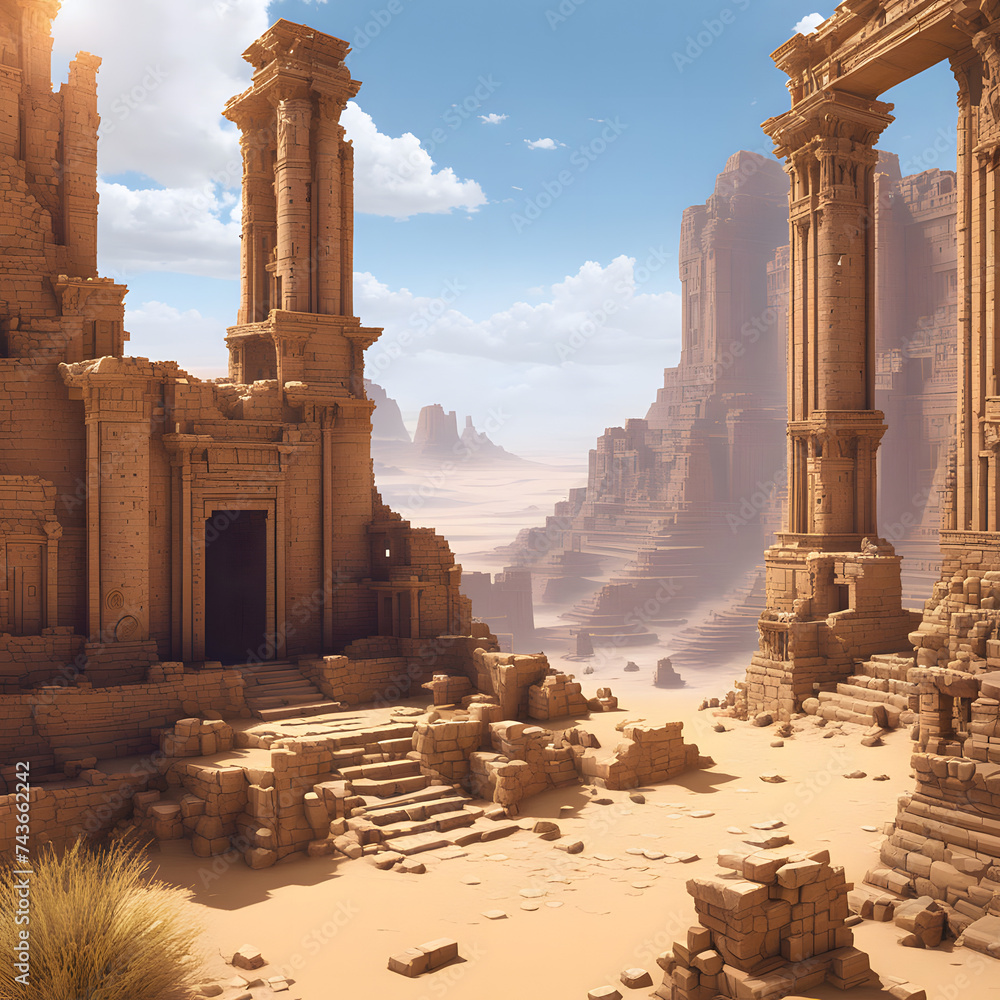Explore the mystique of ancient ruins amidst a desert backdrop in this ...